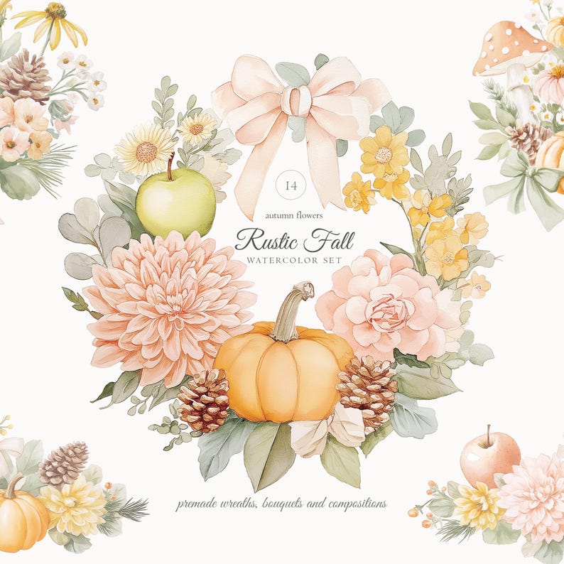 Rustic Fall, Watercolor Floral Set, Autumn Bouquets, Wreaths, Fall ...