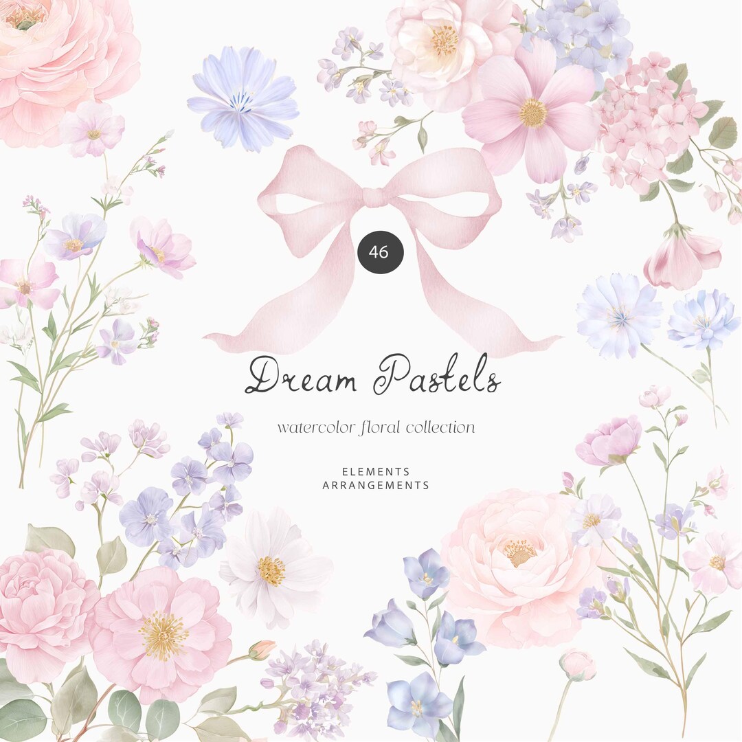 Watercolor Floral Clipart: Pastel Flowers DIY Elements, Floral Garlands ...
