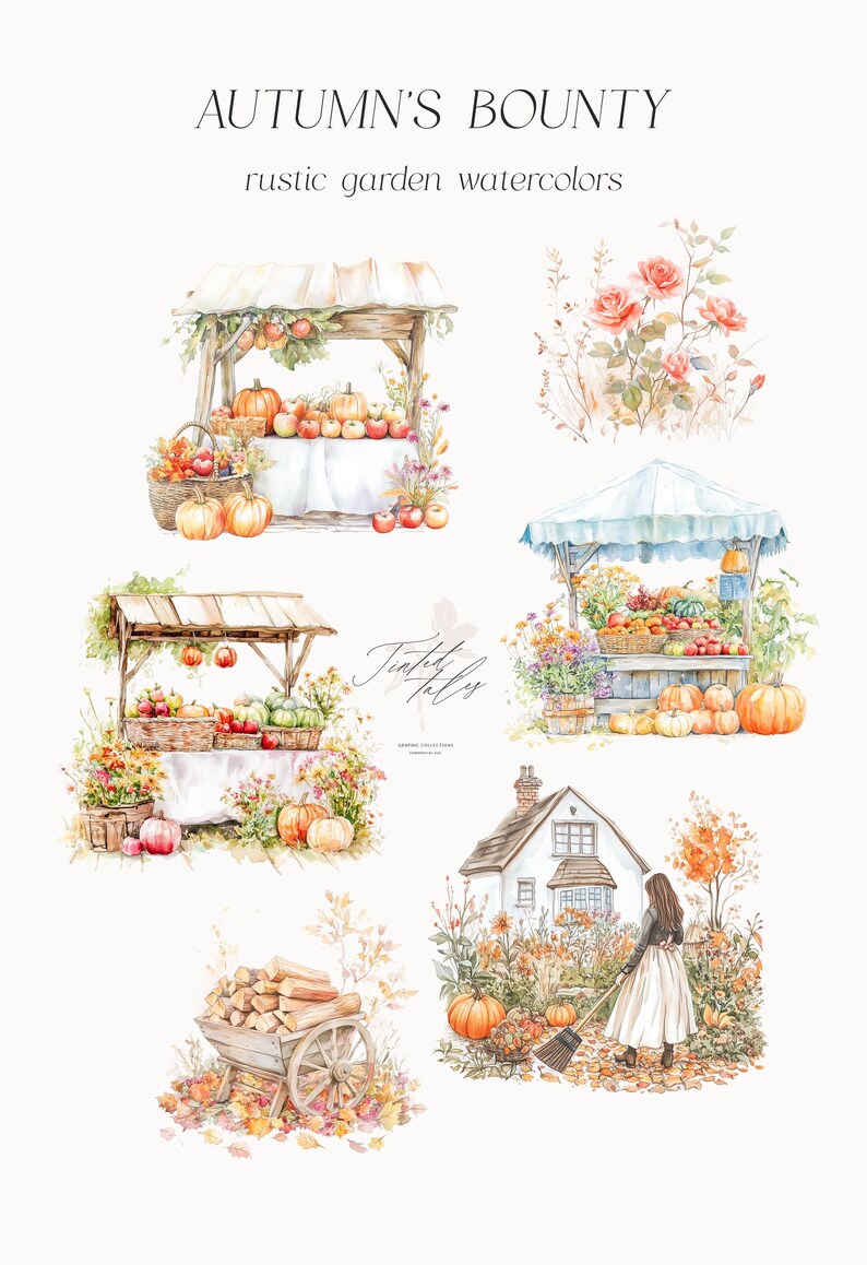 Watercolor Fall Clipart: Rustic Autumn Harvest Scenes (46 PNG) - Etsy