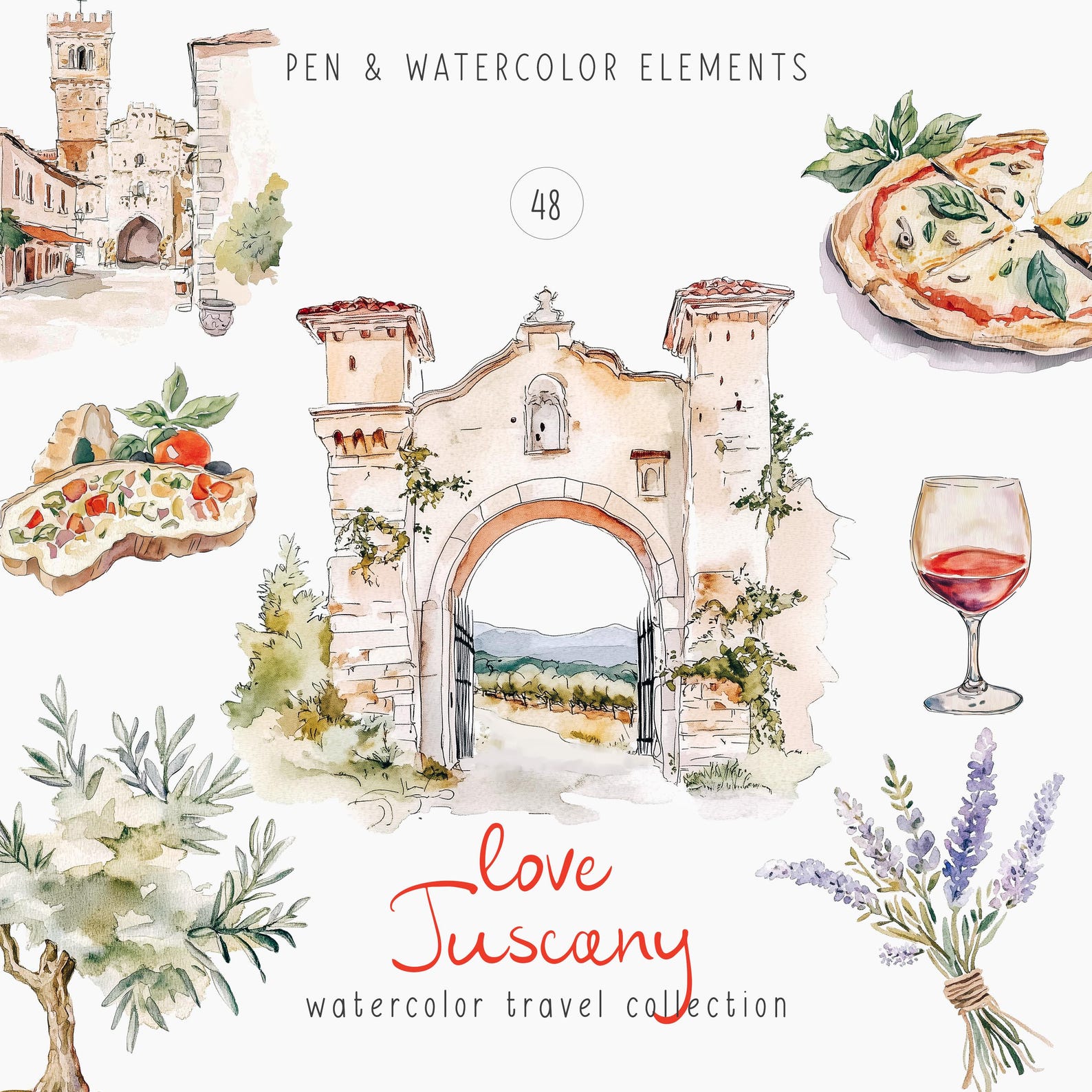 Watercolor Tuscany Clipart: Italian Landscapes, Sunflower, Olive Tree ...