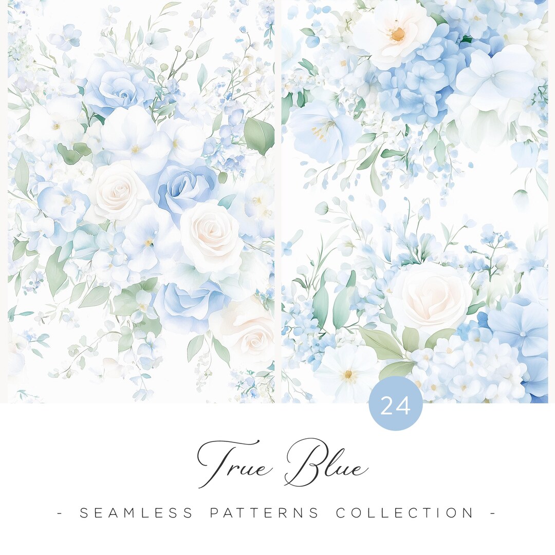 Dusty Blue Floral Seamless Patterns: Watercolor Roses (digital Download ...