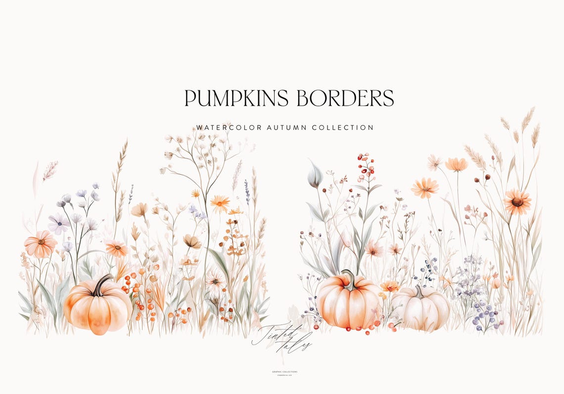 Watercolor Autumn Pumpkin Border Clipart: Floral Fall Design (digital ...