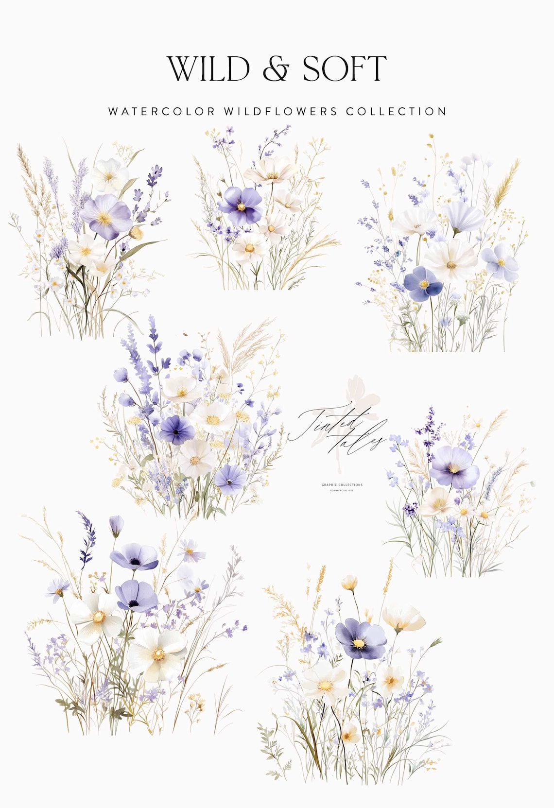 Watercolor Floral Borders, Dusty Blue Wildflowers Border, White and ...