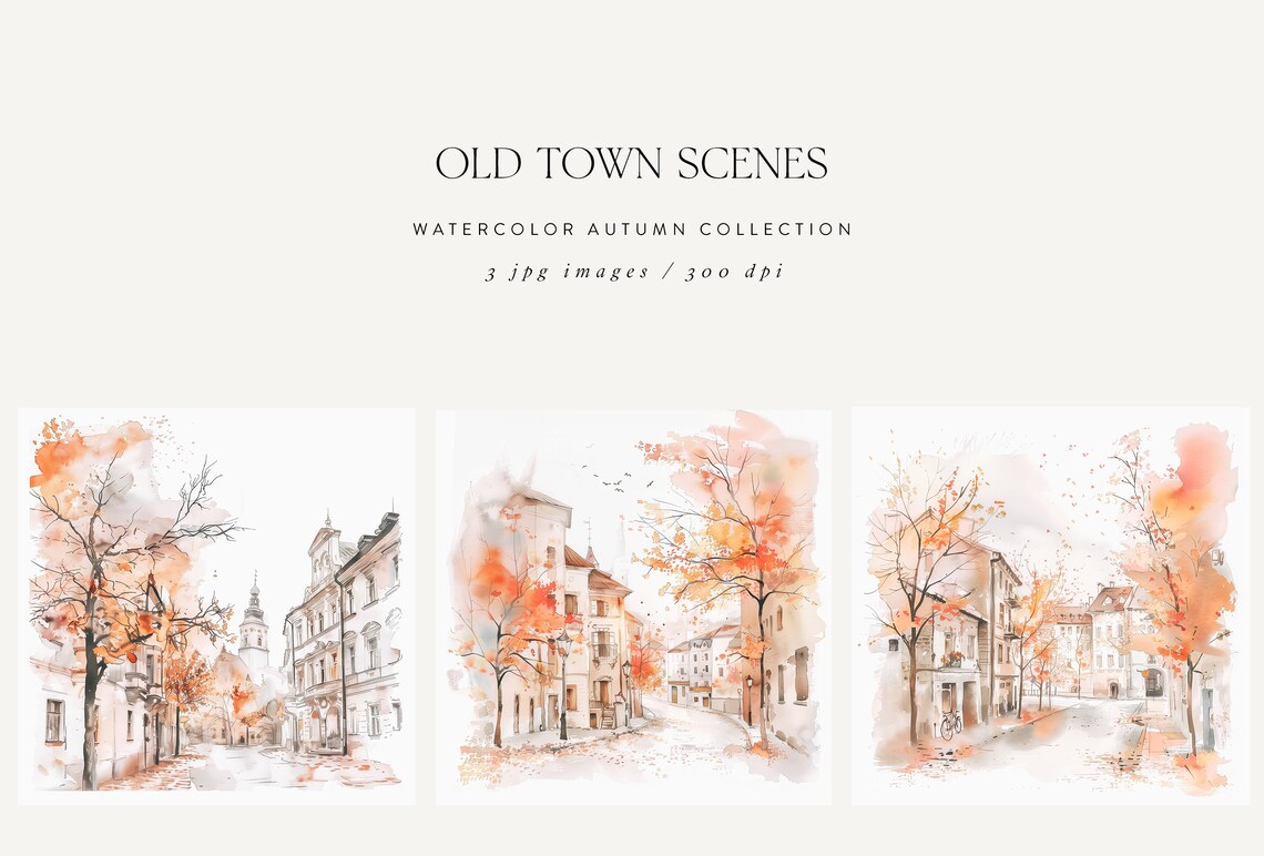 Watercolor Clipart, Autumn Clipart, Fall City Scenes, Houses Clipart ...