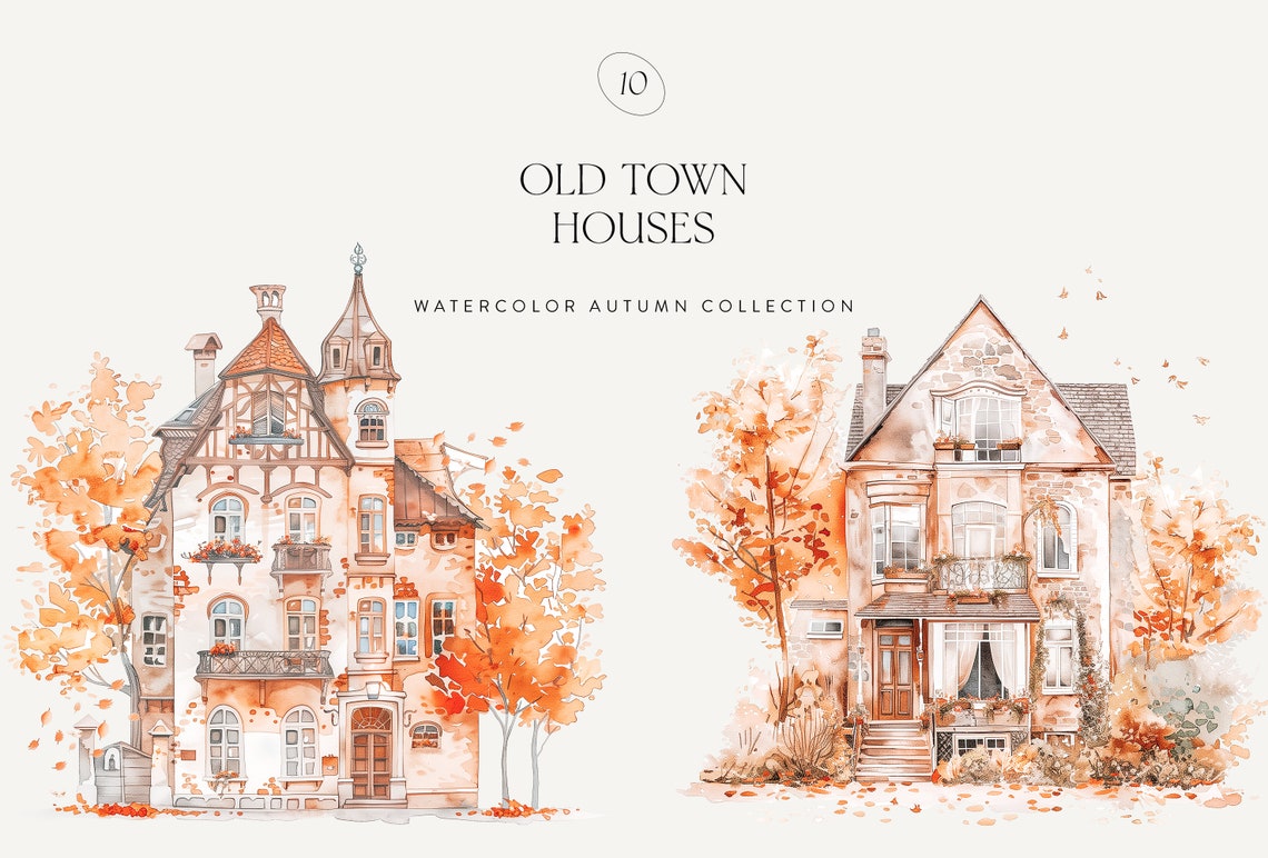 Watercolor Clipart, Autumn Clipart, Fall City Scenes, Houses Clipart ...