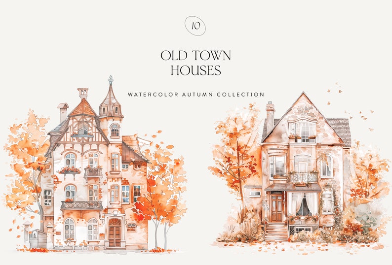Watercolor Clipart, Autumn Clipart, Fall City Scenes, Houses Clipart ...