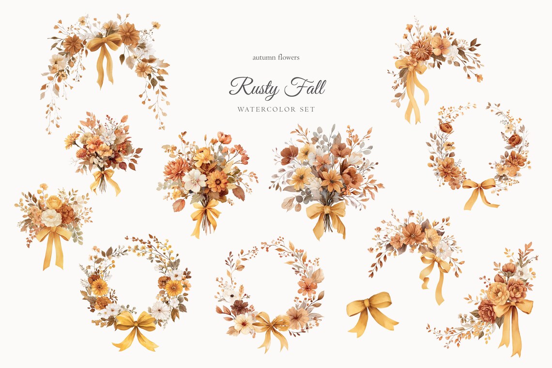 Watercolor Fall Floral Clipart Set: Autumn Wreaths, Bouquets (unlimited ...