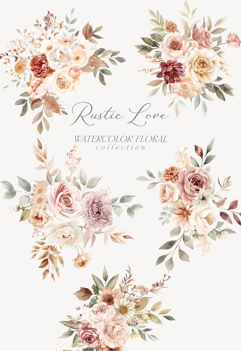 Boho Watercolor Floral Clipart: Rustic Wedding Bouquets (unlimited ...