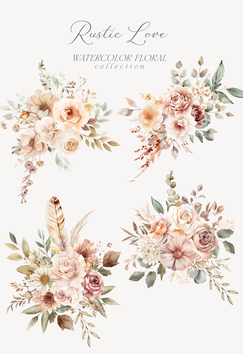 Boho Watercolor Floral Clipart: Rustic Wedding Bouquets (unlimited ...