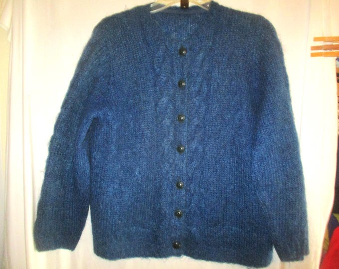 Vintage 60s Navy Blue Fuzzy Mohair Cable Knit Cardigan Ladies Sweater M ...