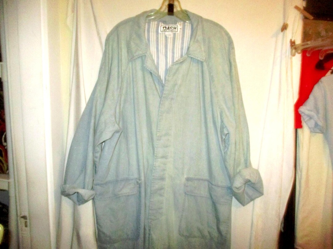 Vintage 90s Lt Blue Denim Long Duster Coat M Jean Trench Button up as ...