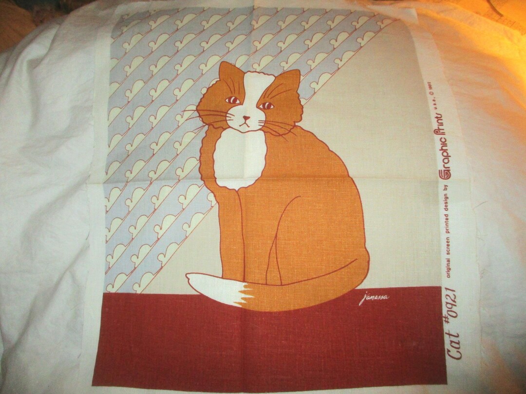 Vintage 80s Cat Mouse Art Graphic Print Pillow Wall Hanging Craft Panel ...