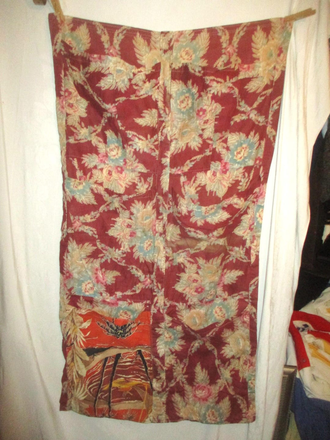 Vintage 50s Maroon Patchwork Hawaiian Flower Print Handmade Shoe Craft ...