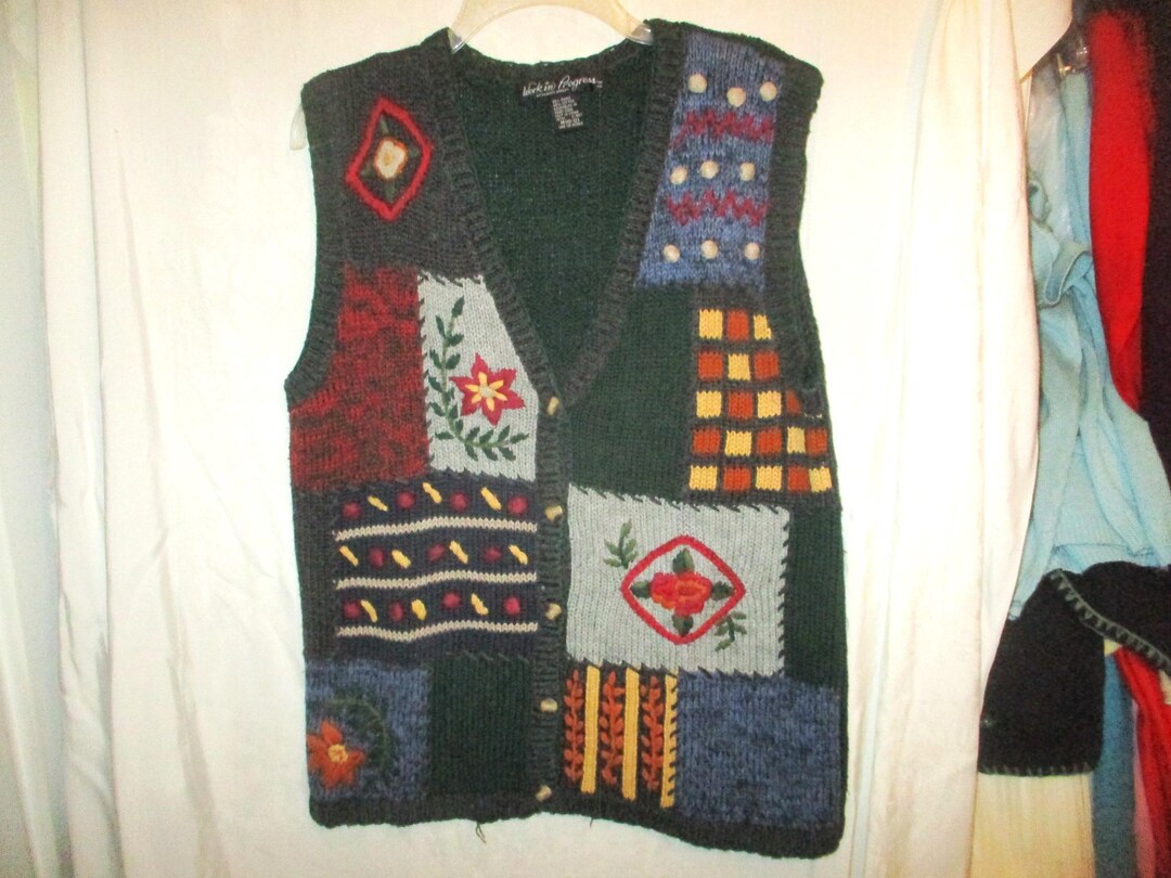 Vintage 00s Blue Green Patchwork Vest M Ramie Cotton Embroidered Ugly ...