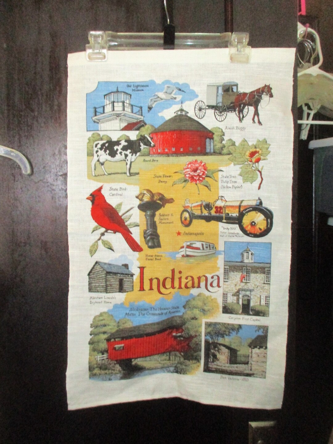 Vintage Indiana State Souvenir White Art Linen Tea Towel Amish 500 ...