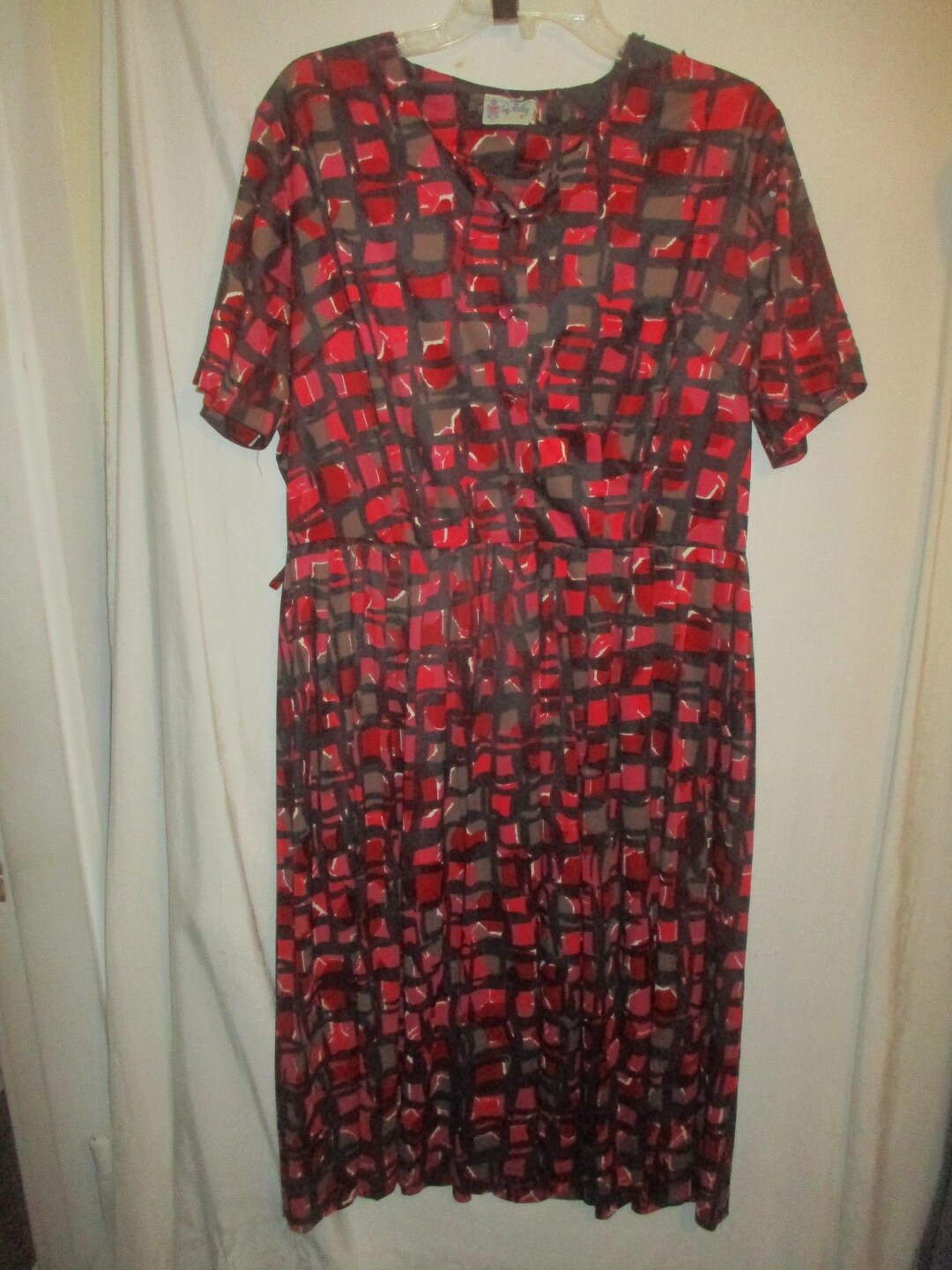 Vintage 50s Red Black Block Print Nylon Knit Dress L Short Sleeves as ...