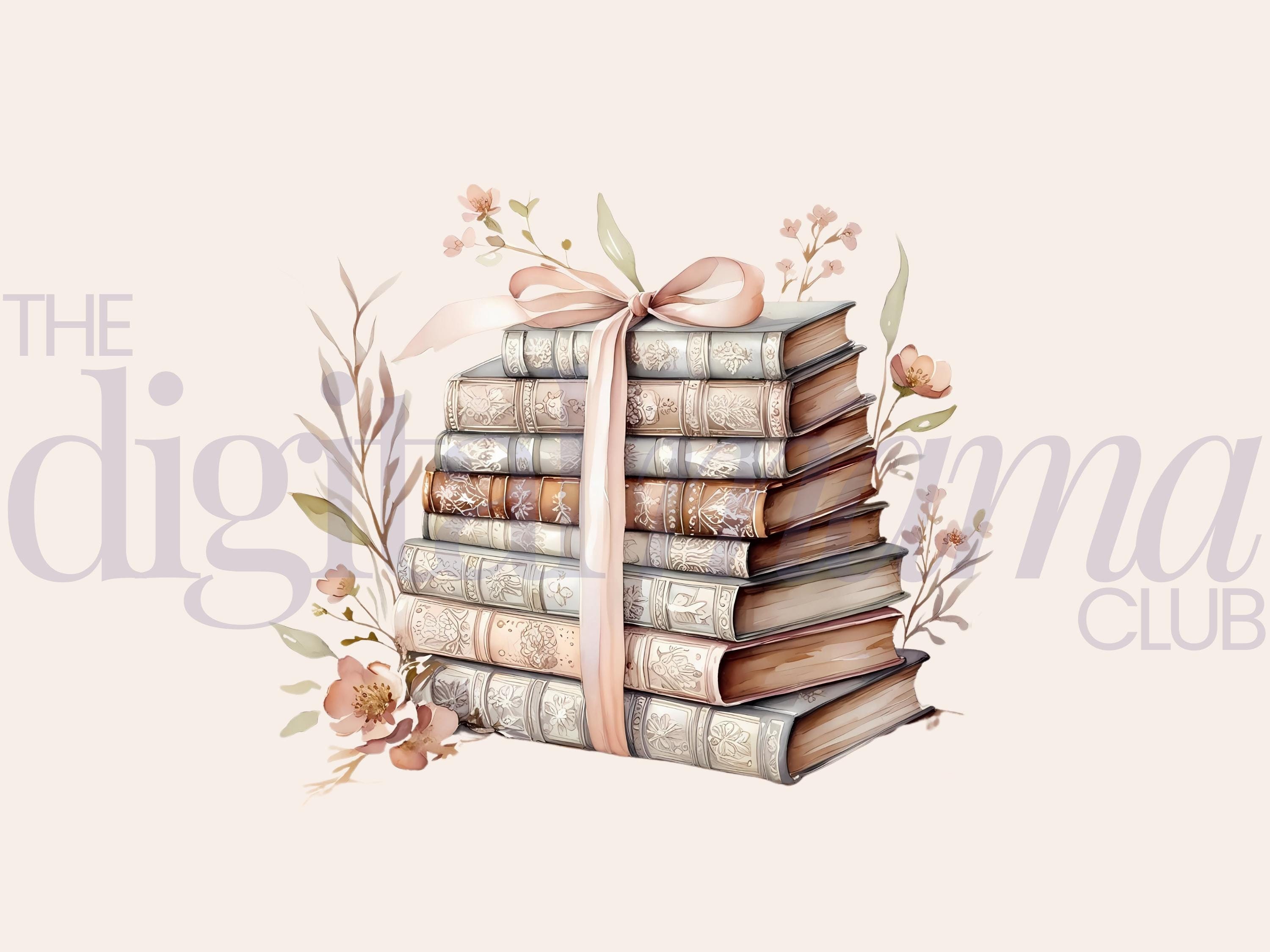 Watercolor Stack of Books, Watercolor Flowers, Floral Books, Floral ...