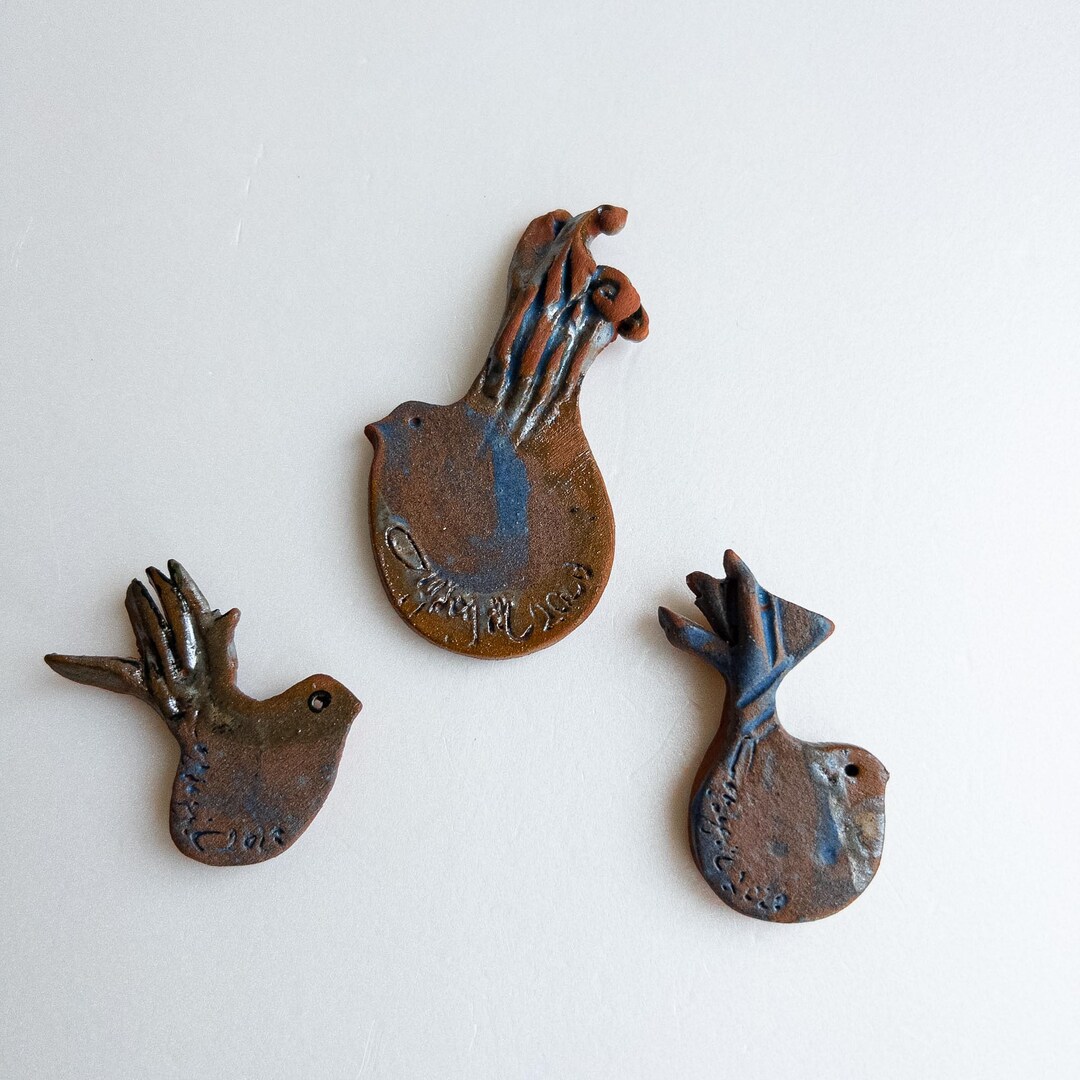 Set of 3 Ceramic Bird Fridge Magnets – Handmade Red Clay With Blue ...