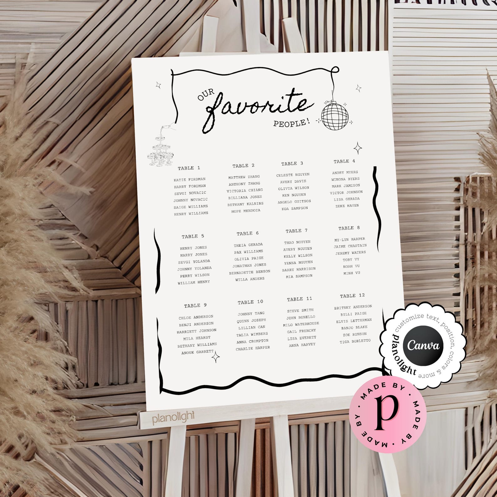 Custom Wedding Seating Chart Template, Modern Illustrated Champagne ...