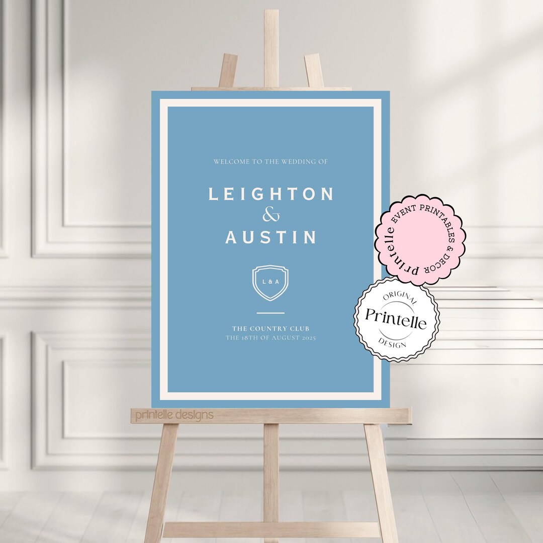 Blue Crest Wedding Welcome Sign Template: Modern Preppy Decor (digital ...