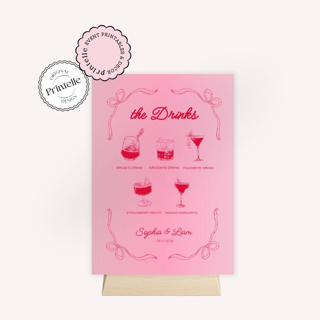 Wedding Drinks Menu Sign, Editable Bar Menu Template, Pink Red Cocktail ...