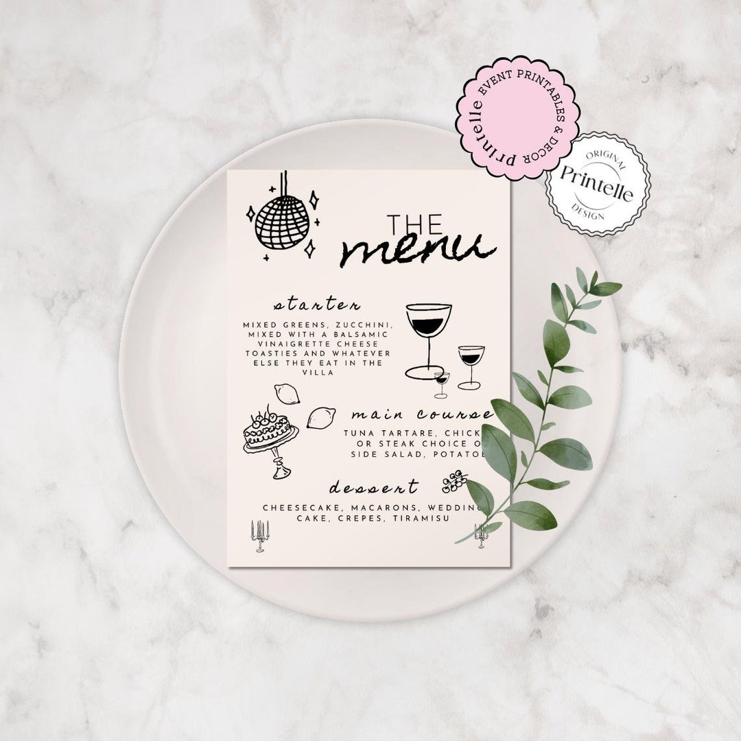 Illustrated Menu Template | Champagne Illustrated Black & White ...