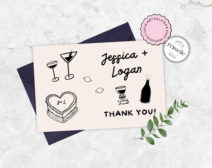 Wedding Thank You Card Template Hand Drawn Cute Scribble Illustrations ...