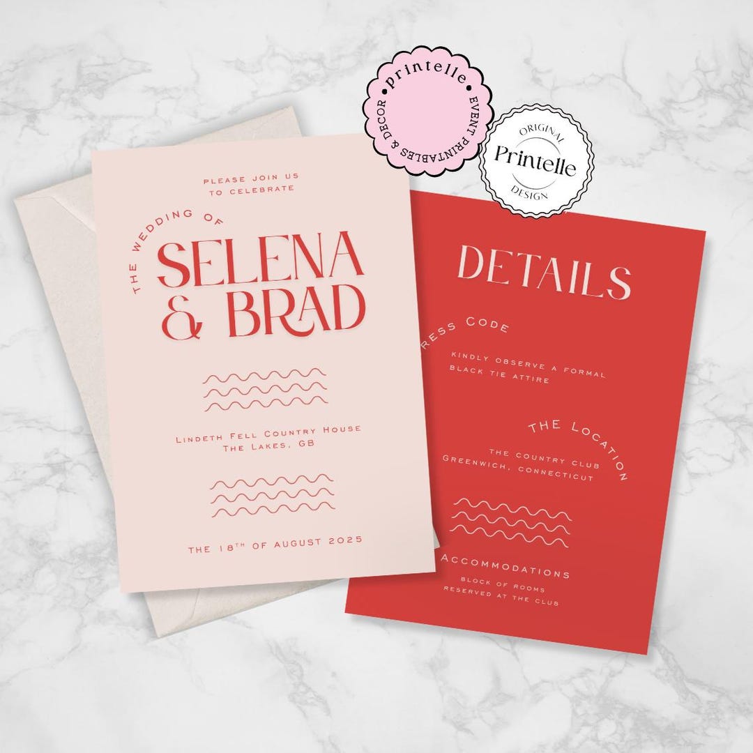 Red Monochrome Wedding Invitation Template: Wavy Minimalist Design ...