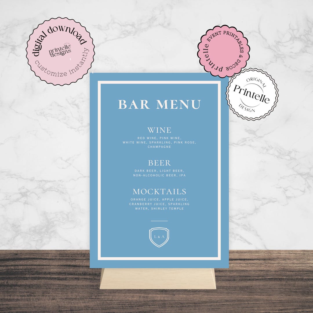 Wedding Bar Drinks Menu Sign | Blue Crest Editable Bar Menu Template ...