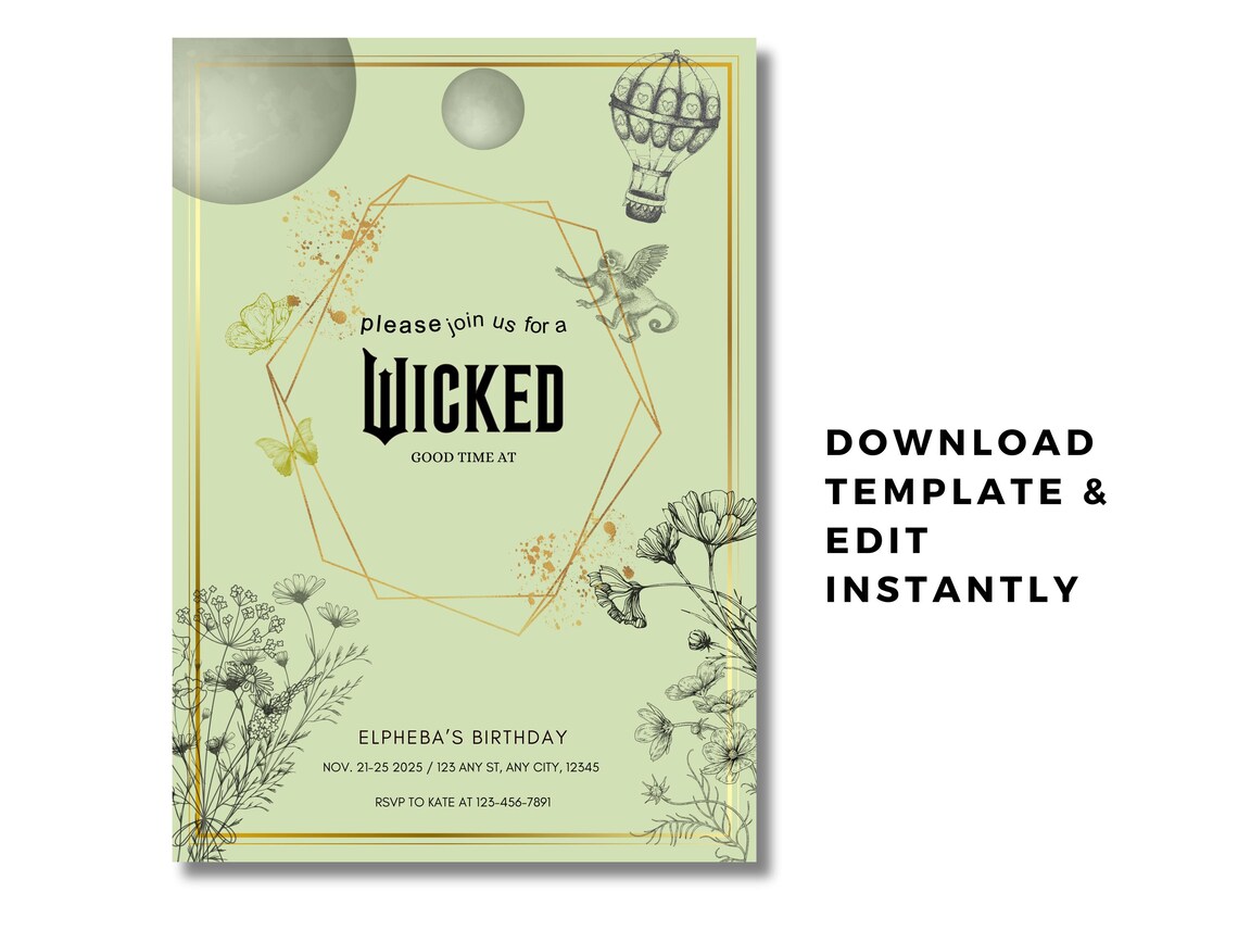 Wicked Elphaba Birthday Invitation Template: Green Musical Theme ...