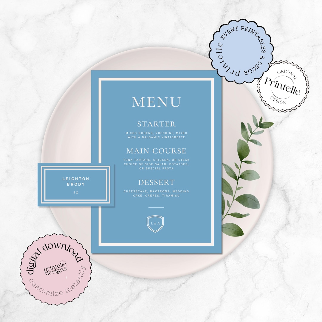 Blue Crest Wedding Menu & Placecards Template | Modern Prep Menu and ...