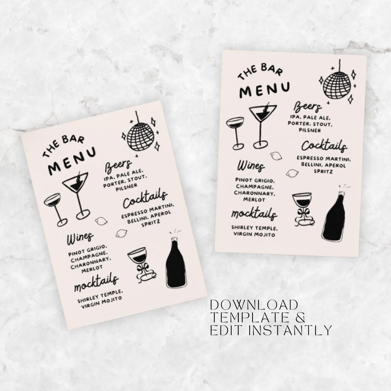 Handwritten Cocktail Menu Sign Template: Whimsical Wedding Bar Menu ...