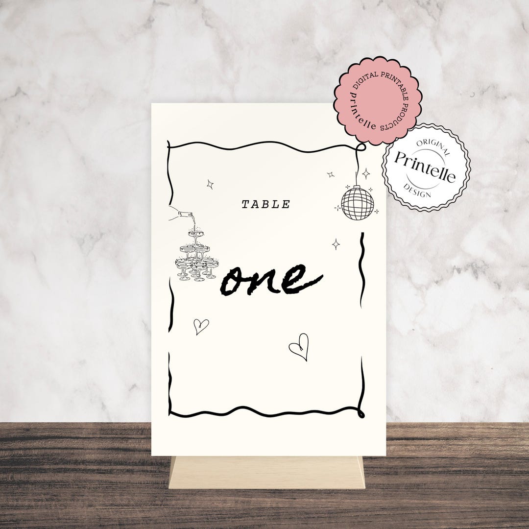 Illustrated Wedding Table Number Sign: Hand-drawn Black & White ...