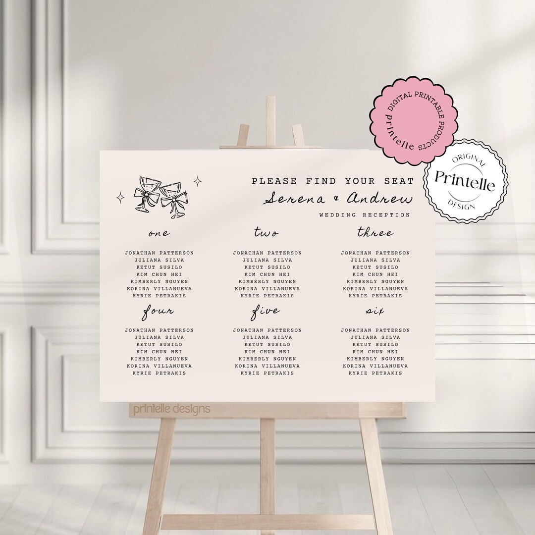 Wedding Seating Arrangement Sign Template | Champagne Hand Drawn ...