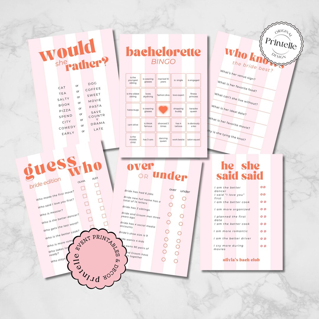 Bachelorette Party Games Set | the Bach Club Pink Orange Bridal Shower ...