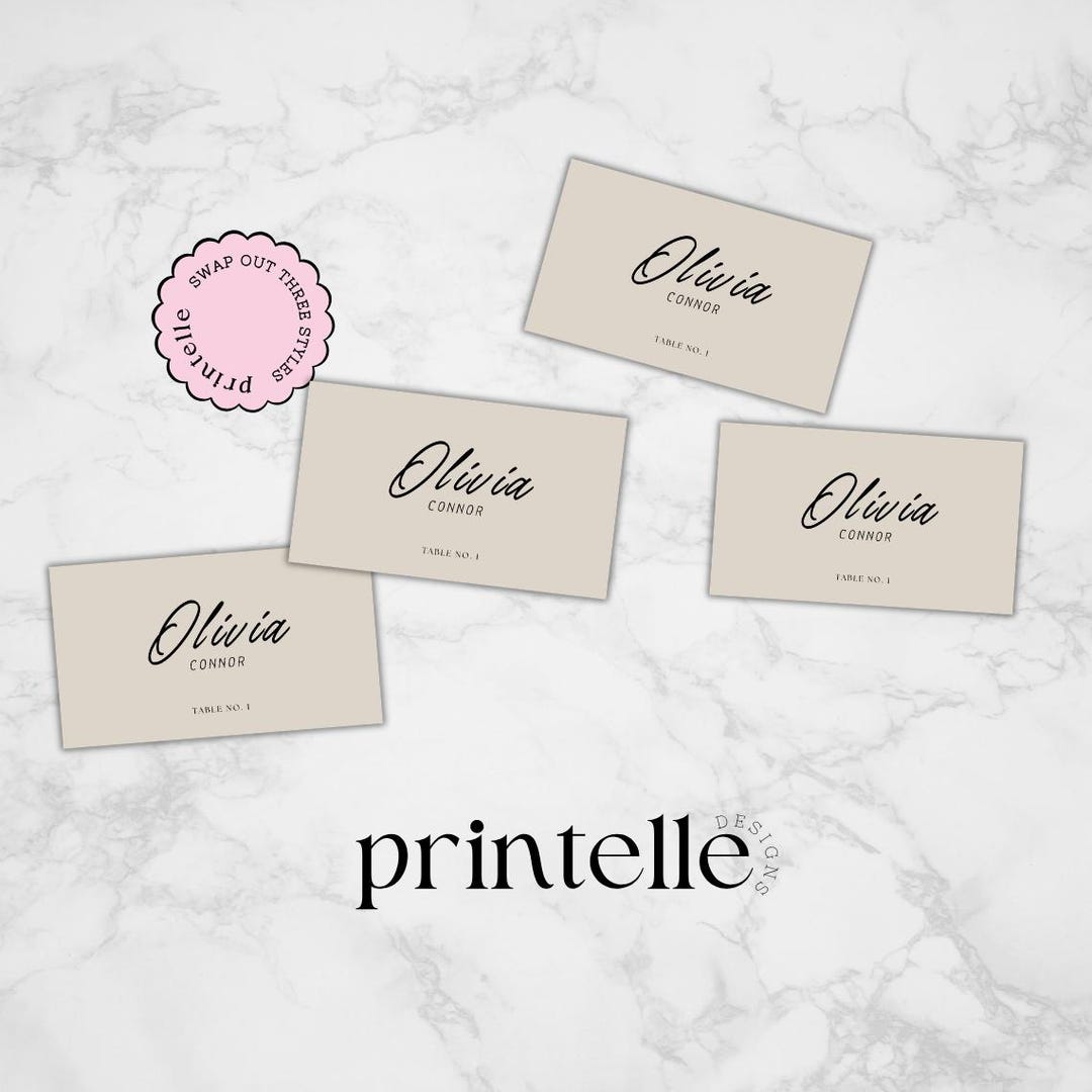 Place Cards Template | Tan Script Bachelorette Name Cards | Elegant ...