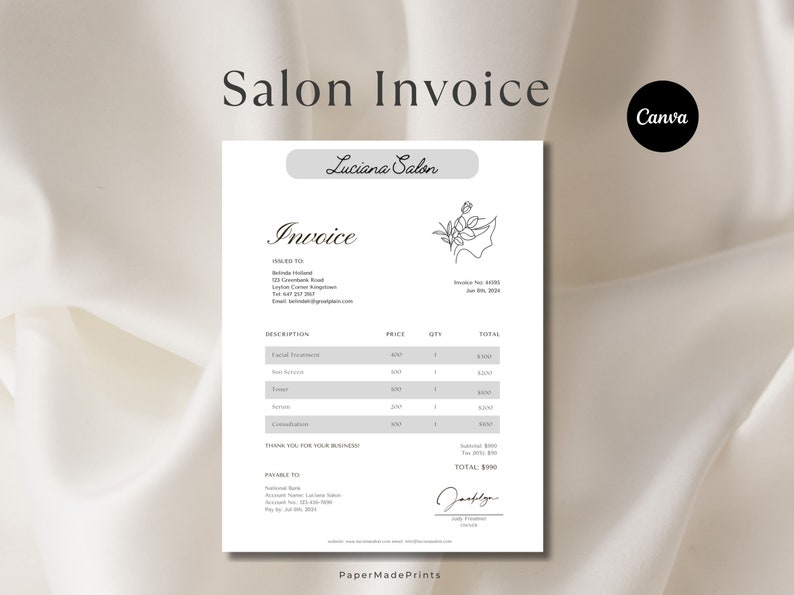 Salon Invoice Template Editable in Canva Small Business Minimalist ...