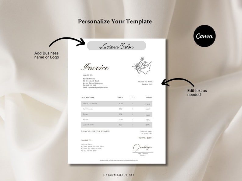 Salon Invoice Template Editable in Canva Small Business Minimalist ...