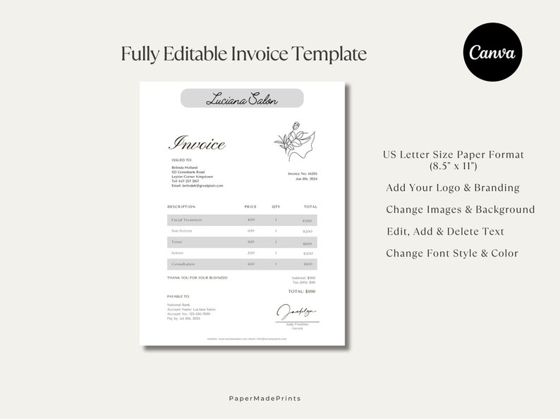 Salon Invoice Template Editable in Canva Small Business Minimalist ...