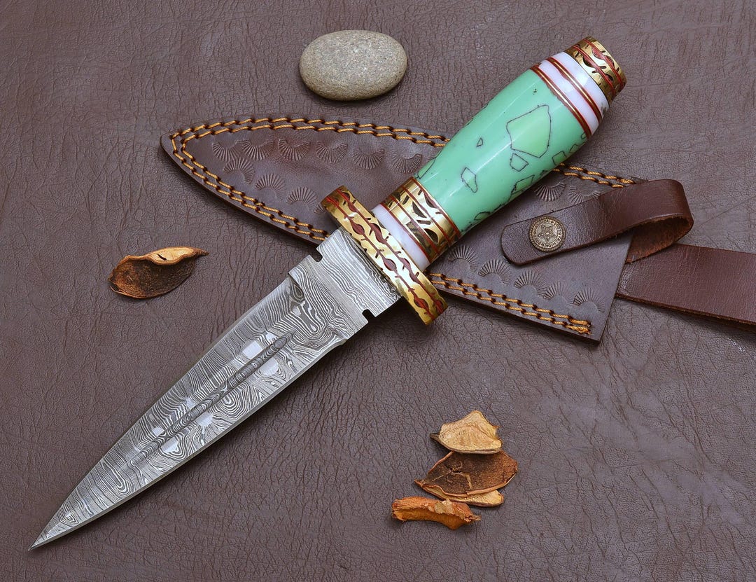 Handmade Damascus Steel Dagger: Brass & Resin Handle, Leather Sheath - Etsy