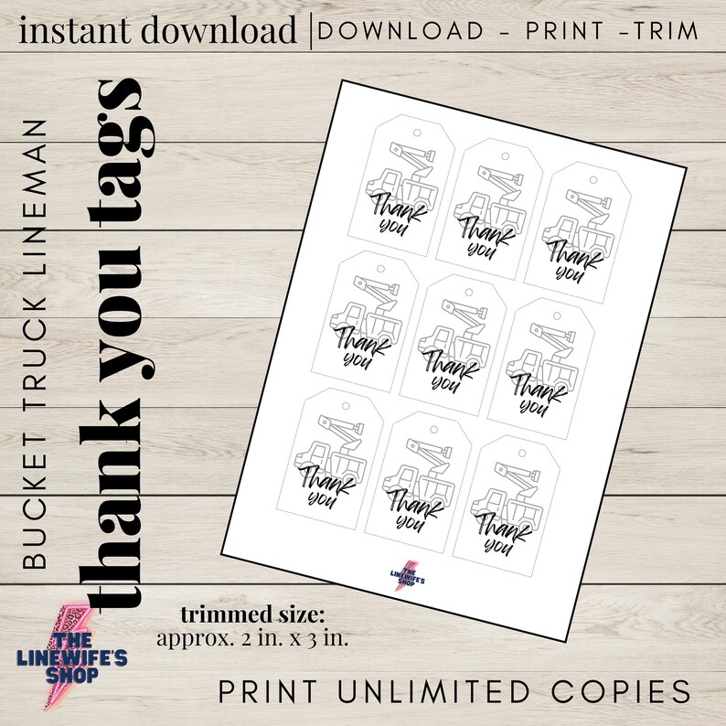 Bucket Truck Lineman Printable Thank You Gift Party Favor Tags - Etsy