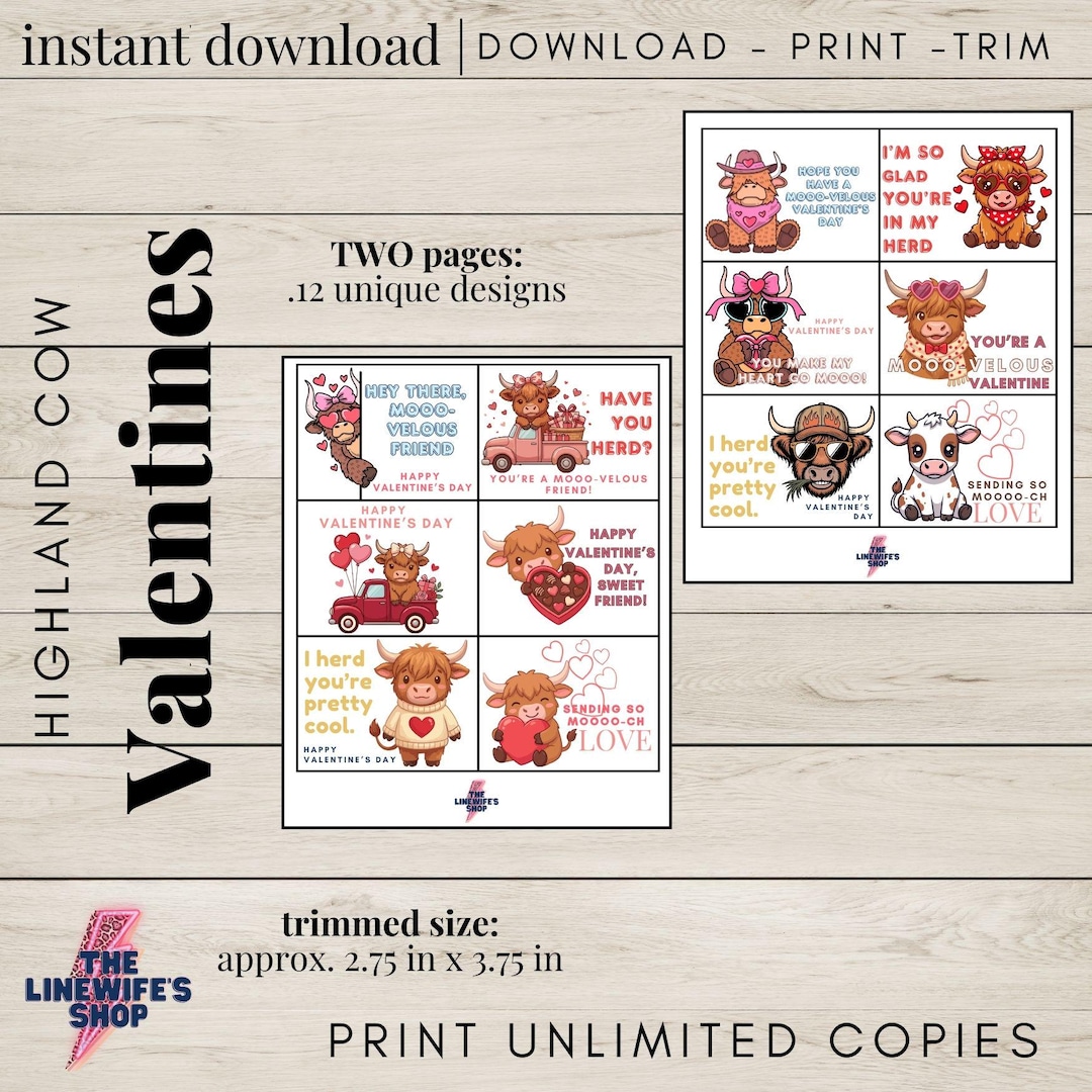 Highland Cow Valentine Cards for Kids | Printable Classroom Valentines ...