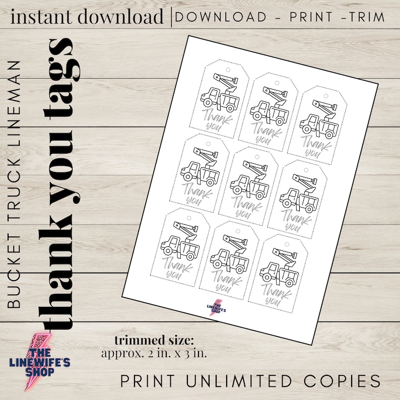 Bucket Truck Lineman Printable Thank You Gift Party Favor Tags - Etsy