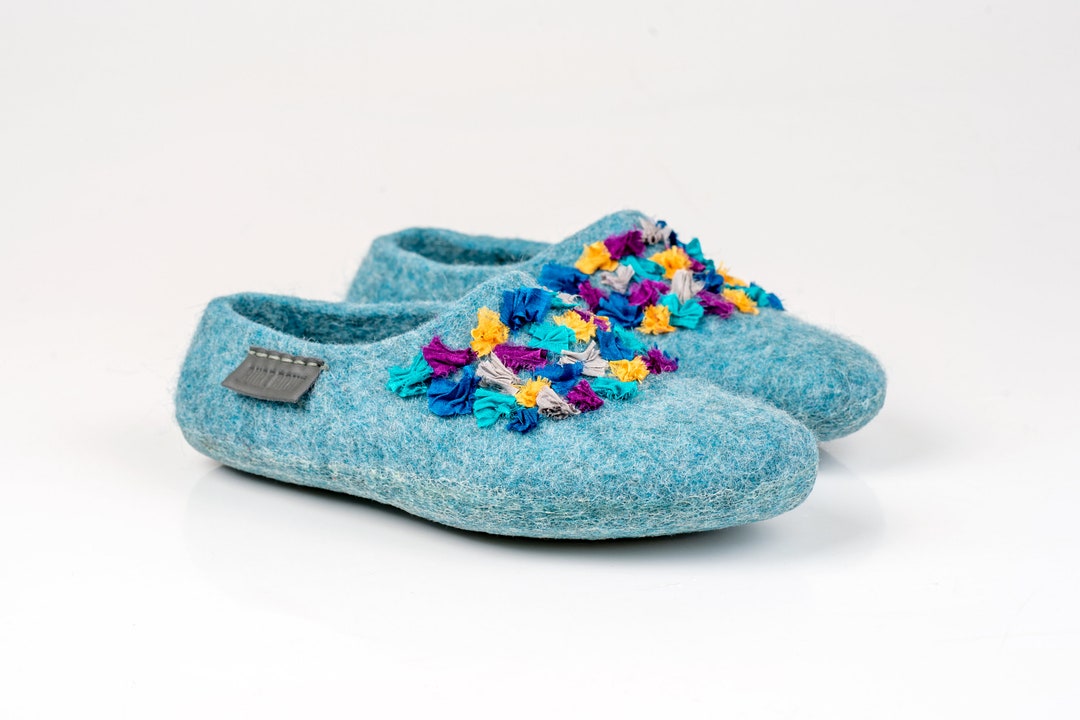 Hand Stitched Wool Slippers: Blue Felt Clogs With Sari Silk Ribbons - Etsy