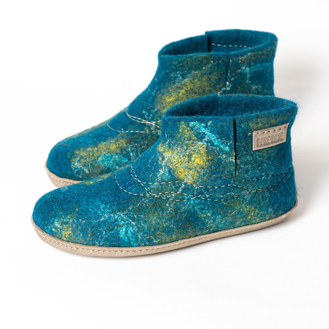 Felted Wool Ankle Slippers: Blue Galaxy Wool Booties With Rubber Sole ...