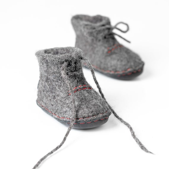 Felted Baby Booties With Laces From Natural Wool Dark Grey | Etsy