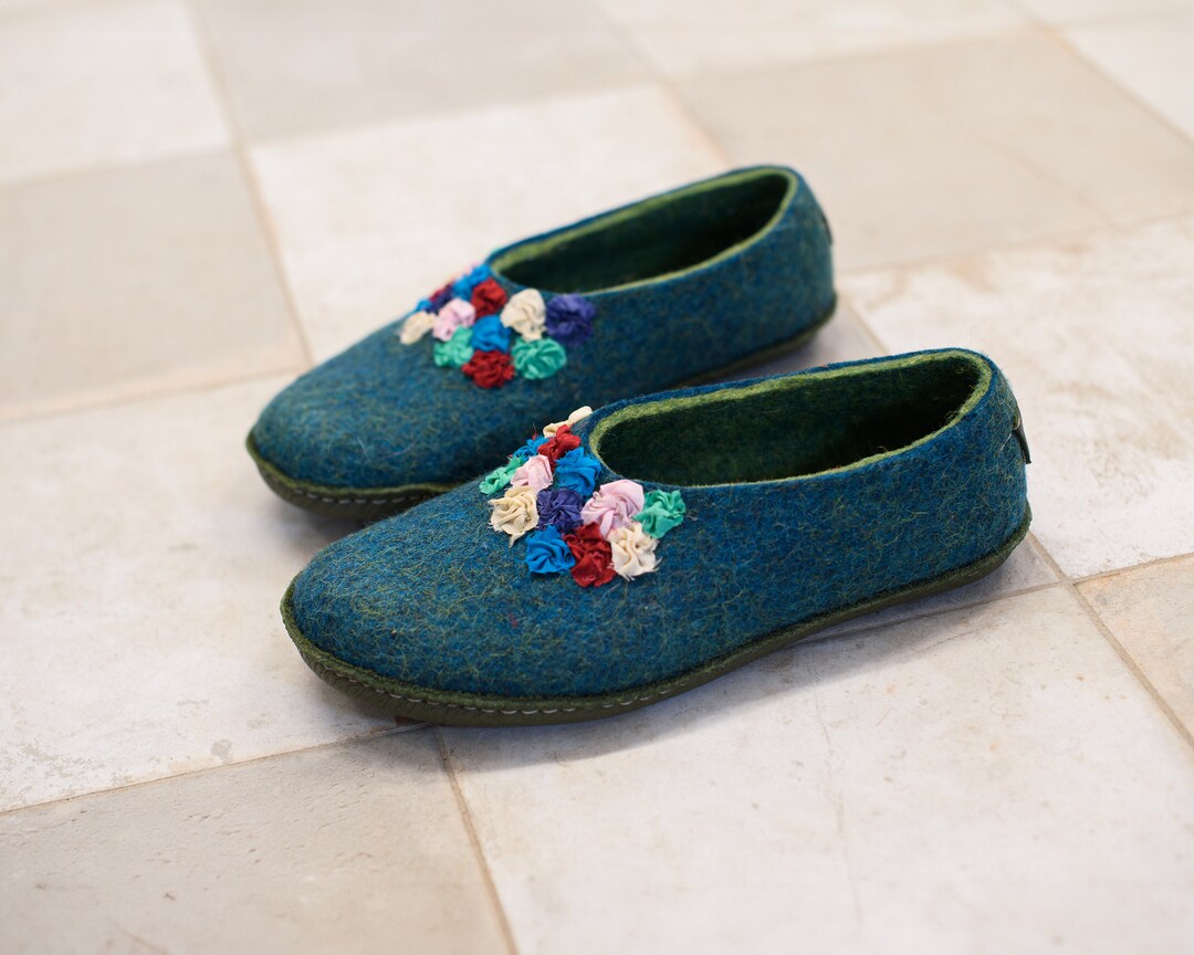 Burebure Natural Felted Wool House Slippers for Women, Embroidered With ...
