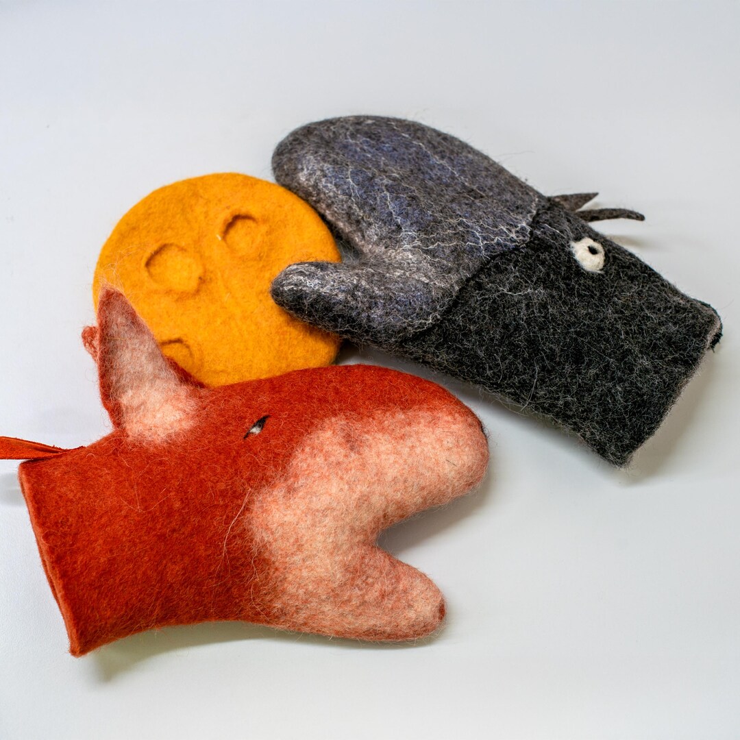 Handmade Felted Wool Kitchen Mitts & Pot Holder Set: Fox, Crow, and ...