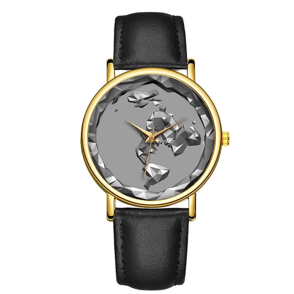 3D Gray Flat Earth Map Wristwatch Azimuthal Equidistant World Black and ...