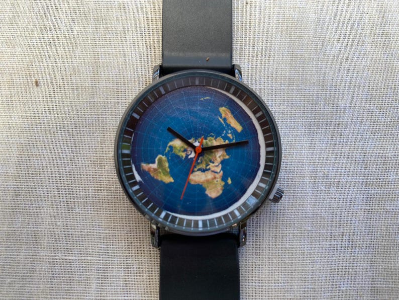 Wristwatch Flat Earth Map Blue Watch for Men Women Black Azimuthal ...